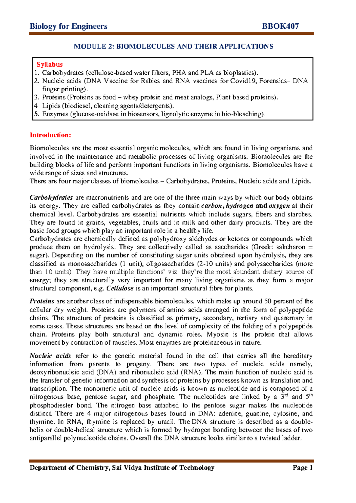 Biology for Engineers BBOK407: Module 2 - Biomolecules & Applications ...