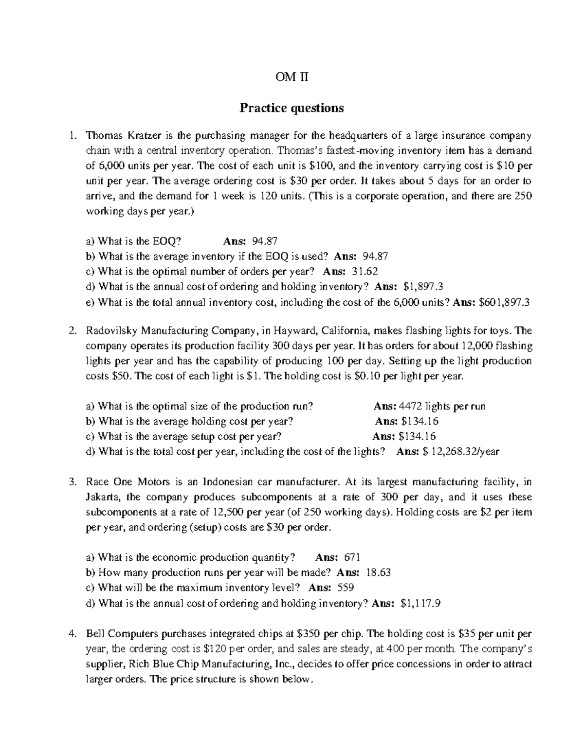OM II Practice Questions: Inventory and Production Management Insights ...