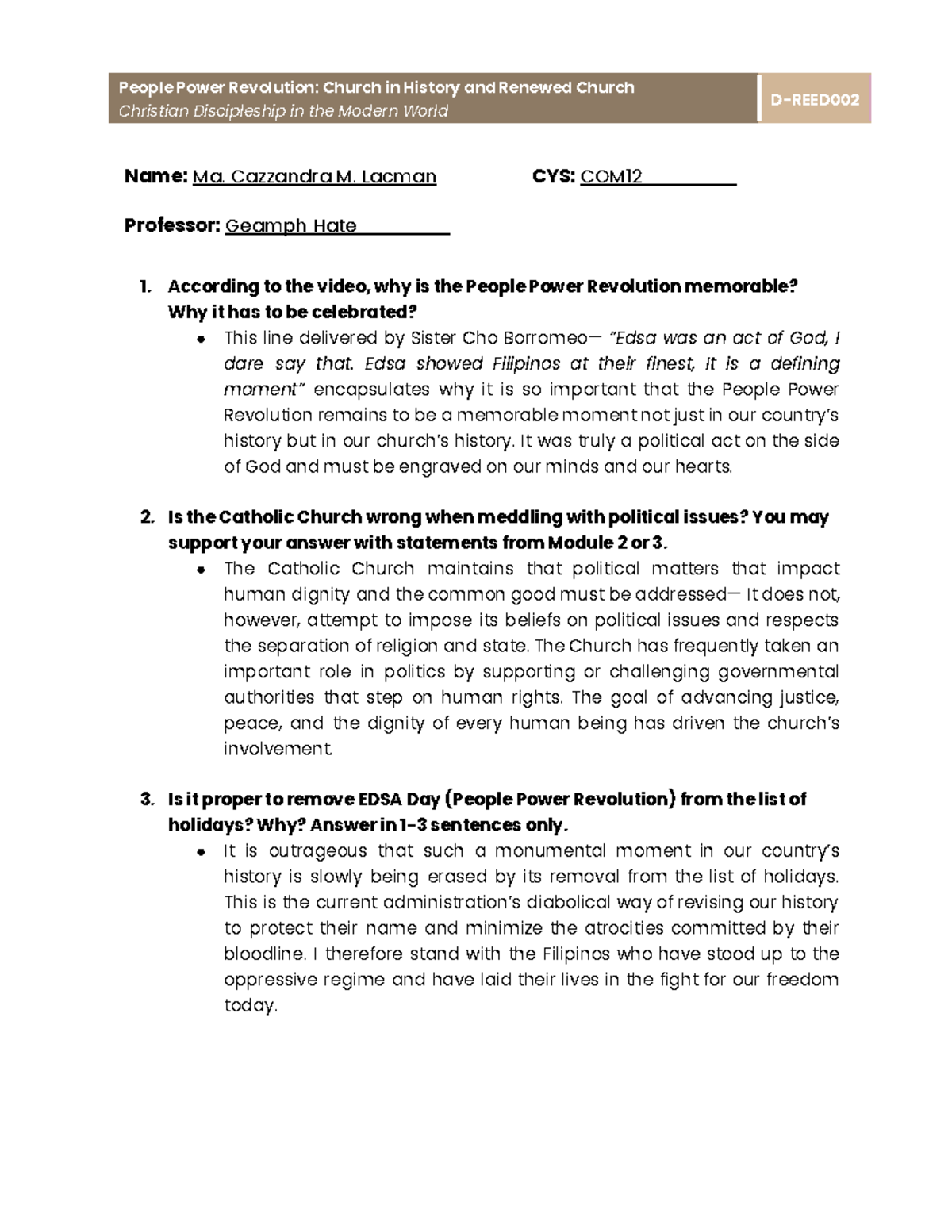 People Power Revolution and Church's Role in History (CYS: COM12) - Studocu