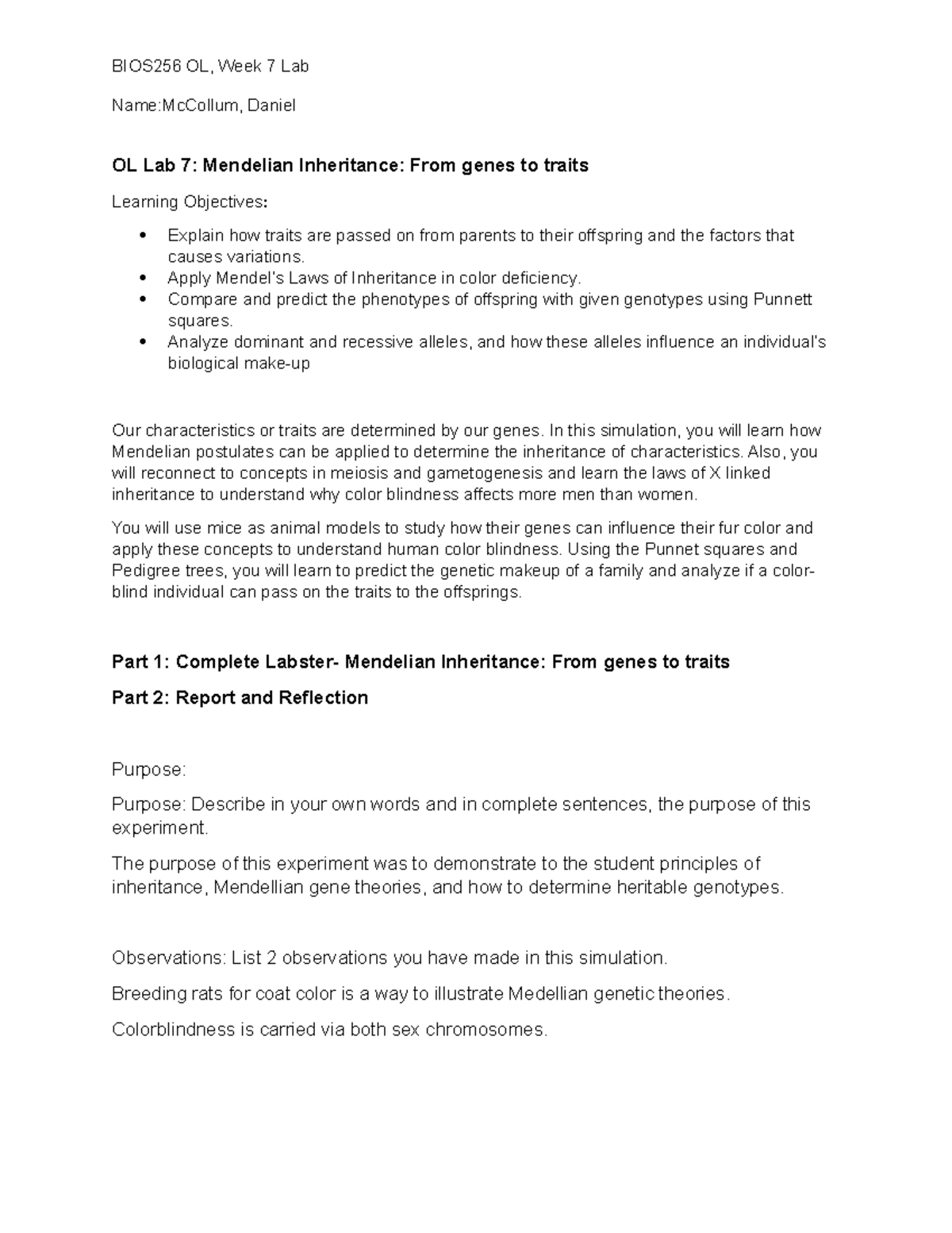 BIOS 256 Lab 7 - Mendelian Inheritance and Trait Analysis Report - Studocu