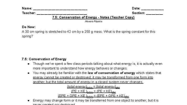 7.5: Conservation of Energy Notes - Honors Physics - Studocu