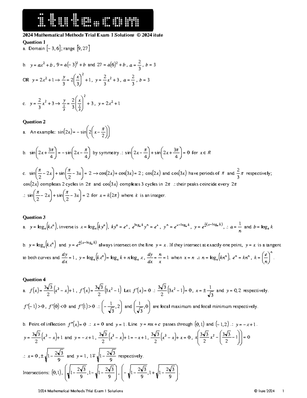 2024 Mathematical Methods Trial Exam 1 Solutions Guide - Studocu