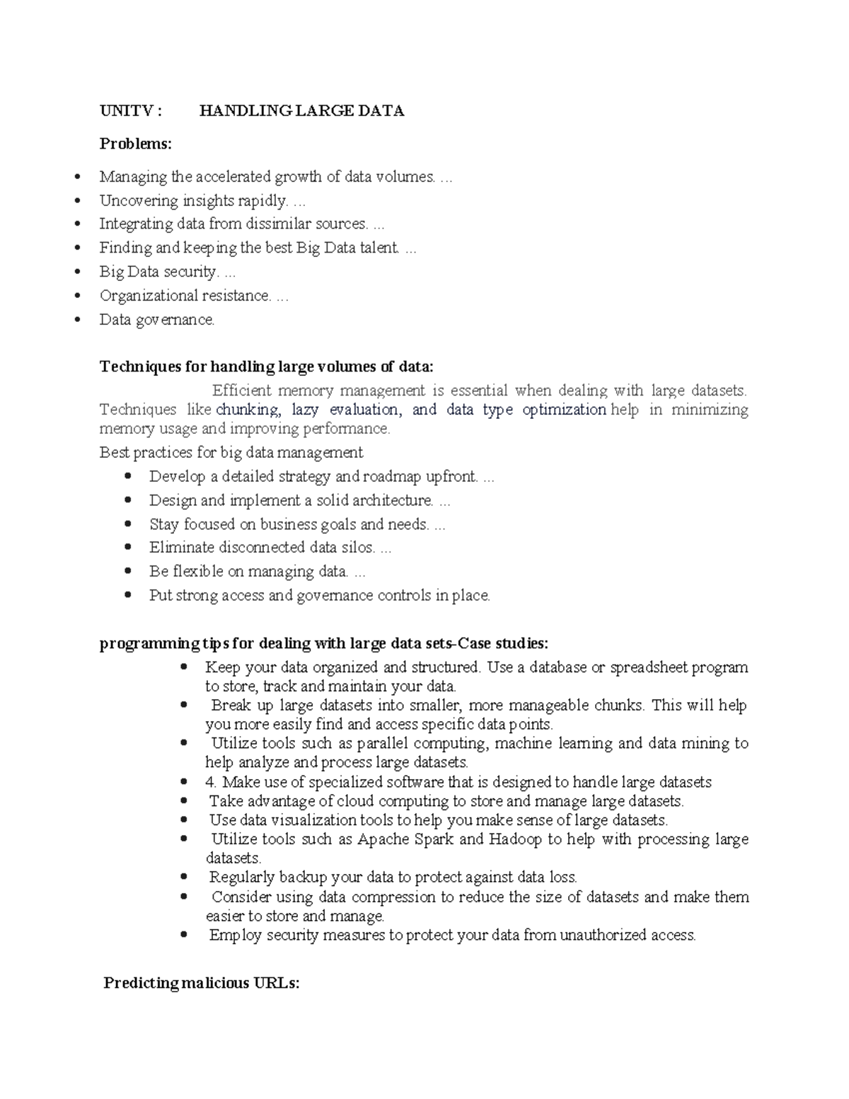 UNIT V - Handling Large Data in Data Science and ML Techniques - Studocu