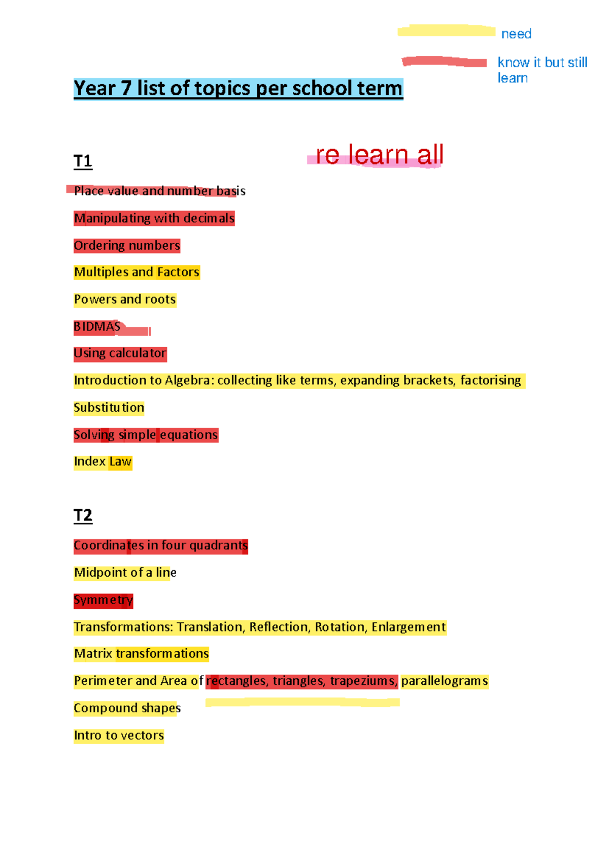 Year 7 Math Topics by Term: T1 & T2 Overview - Studocu