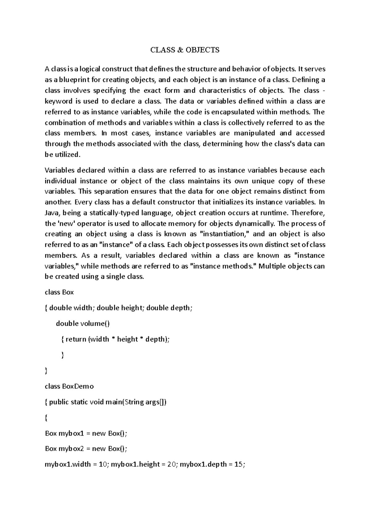 CS101: Class and Objects Overview in Java Programming - Studocu