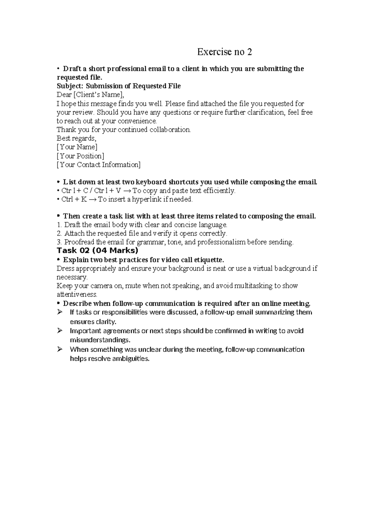 Exercise no 2 - Professional Email & Video Call Etiquette Notes - Studocu