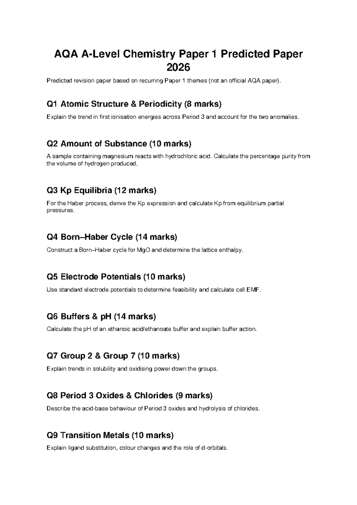 AQA Chemistry Paper 1 Predicted Revision 2026: Key Themes & Questions ...