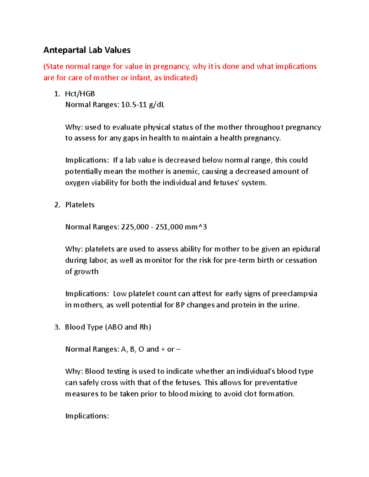 Antepartal Lab Values and Their Implications for Maternal Care - Studocu