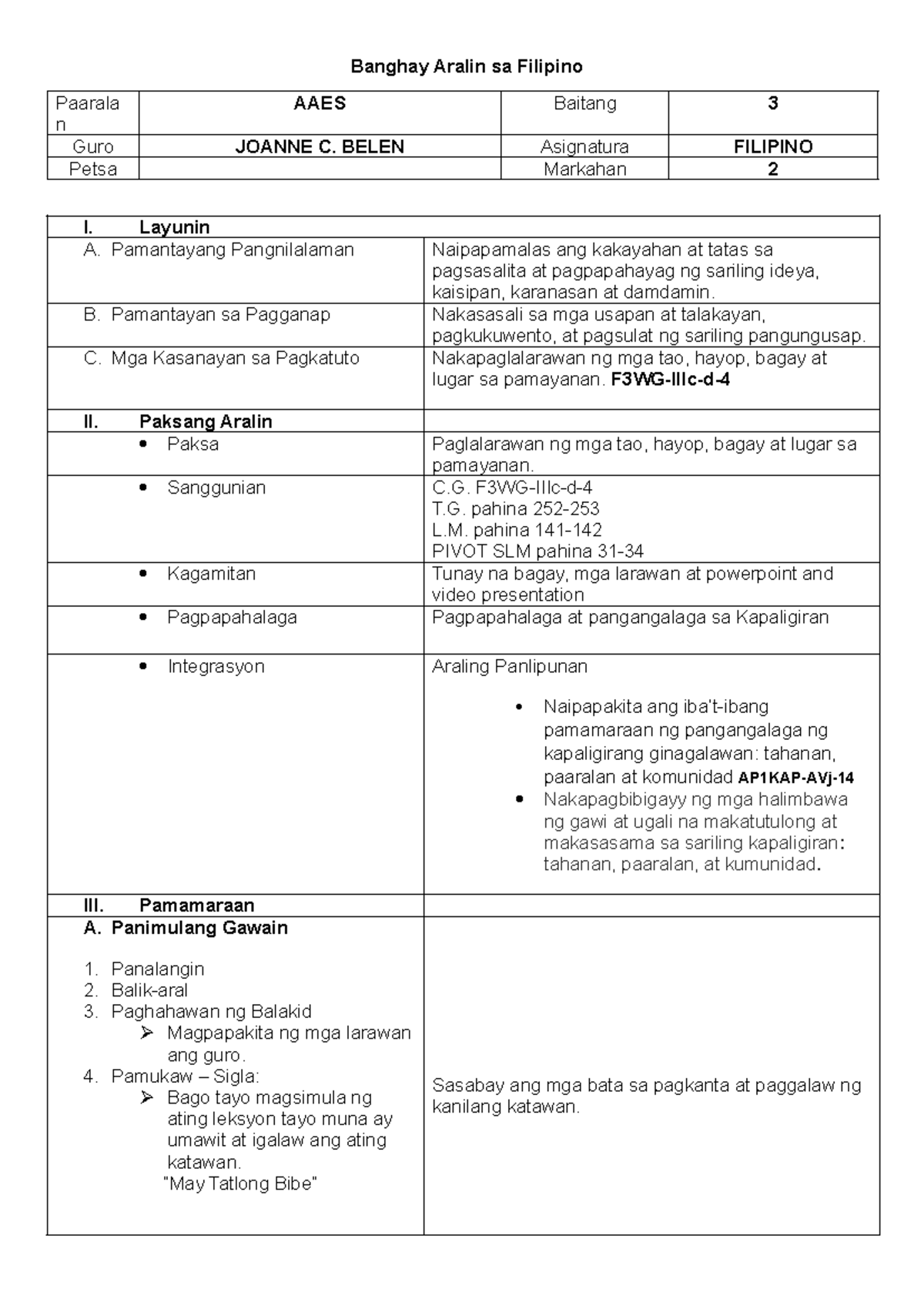 Lesson Plan in Mathematics - Banghay Aralin sa Filipino Paarala n AAES ...