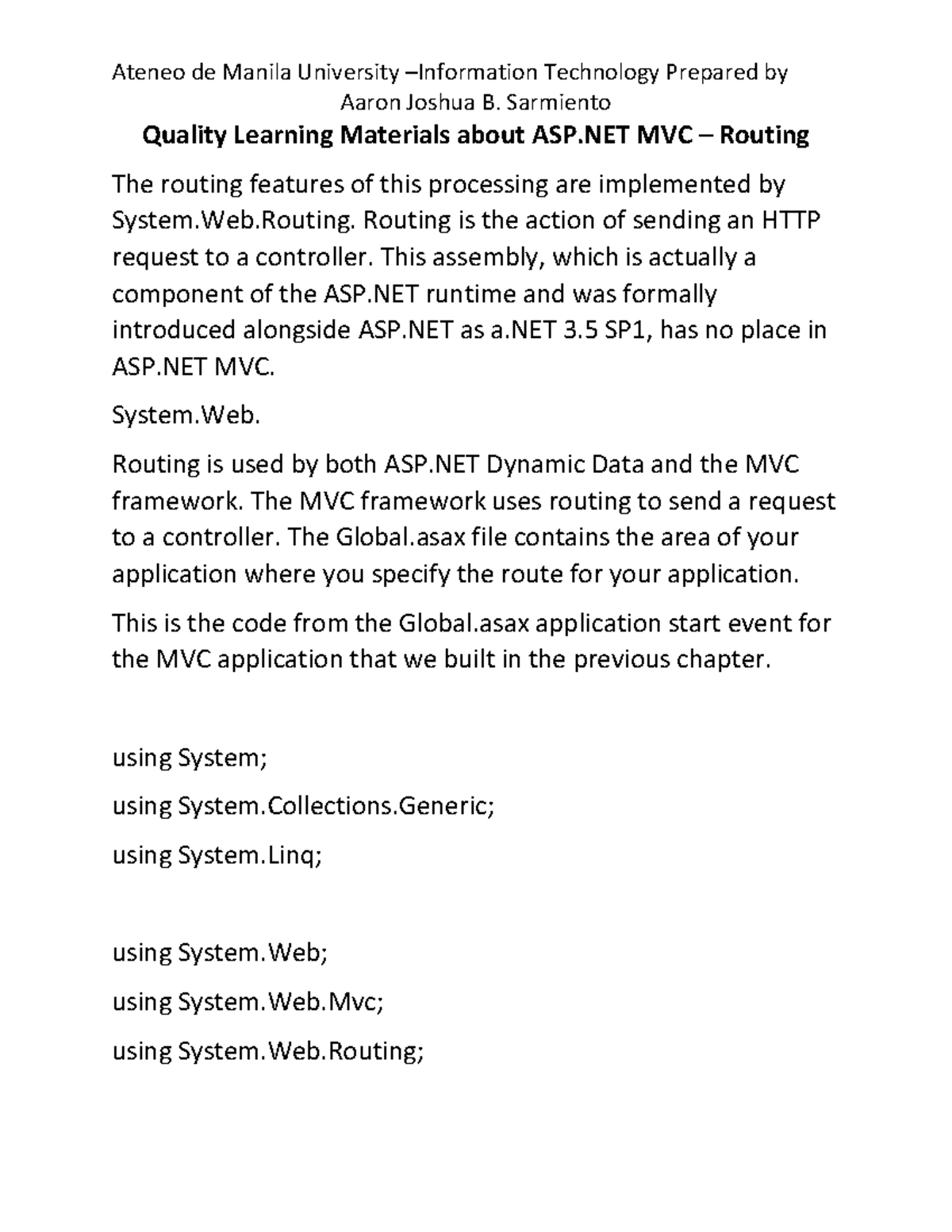 Quality Learning Materials About ASP.NET MVC - Routing - Aaron Joshua B. Sarmiento Quality ...
