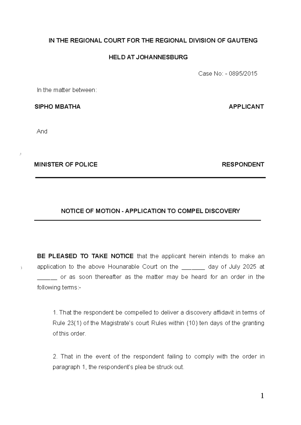 Application to Compel Discovery - Sipho Mbatha (Case No: 2025) - Studocu