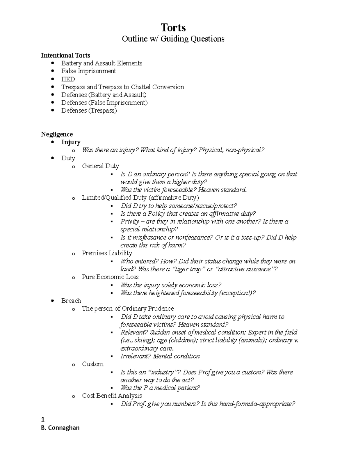 Torts Exam Prep Outline - Key Topics & Guiding Questions - Studocu