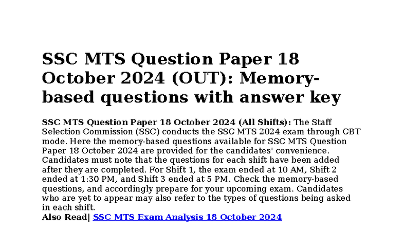 SSC MTS 2024 Question Paper & Analysis - 18 October (All Shifts) - Studocu