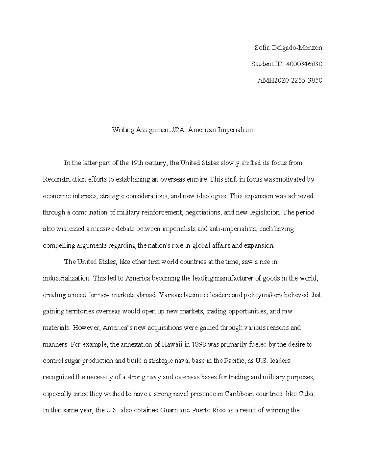 AMH2020 Writing Assignment: Analyzing American Imperialism - Studocu