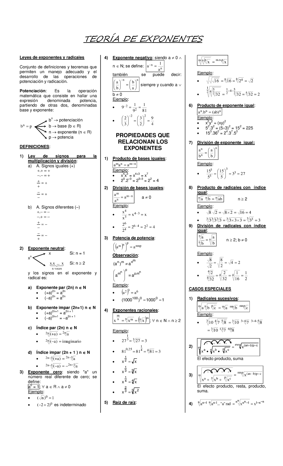 Teoría de Exponentes y Operaciones Algebraicas en Matemáticas - Studocu