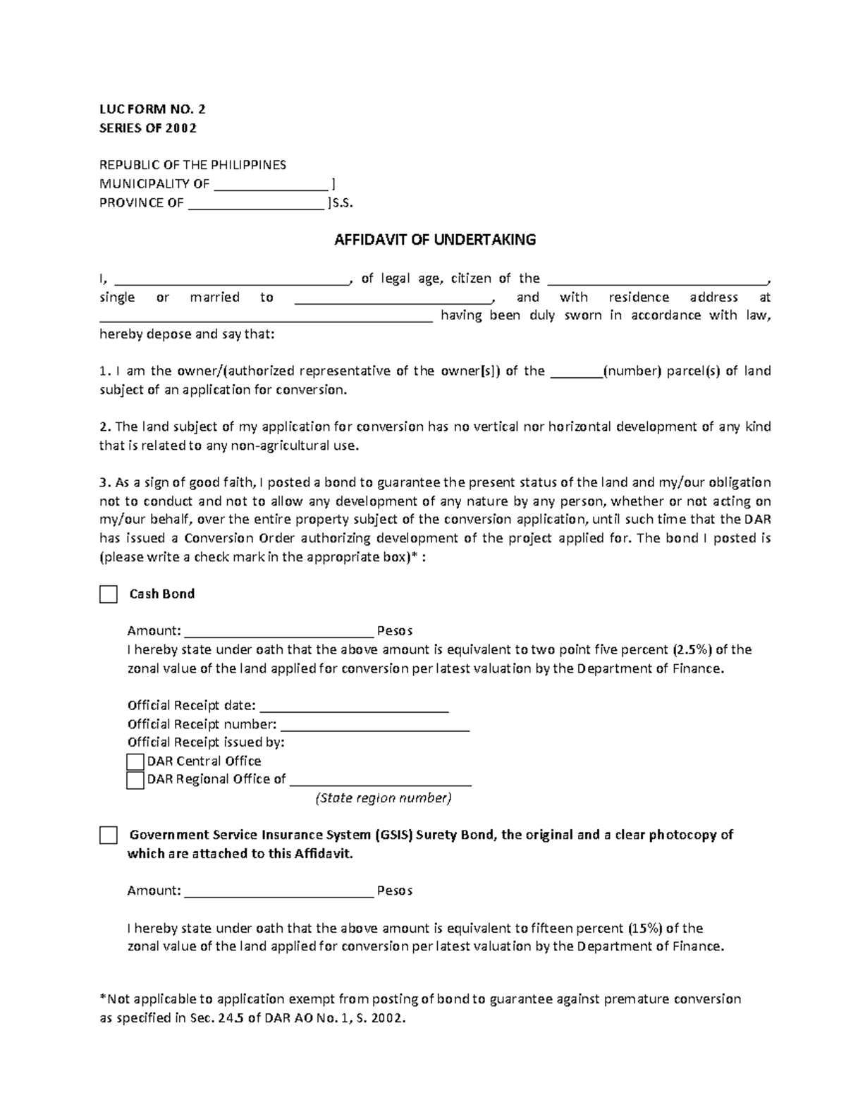 DAR FORM NO. 2 - Affidavit of Undertaking for Land Conversion - Studocu