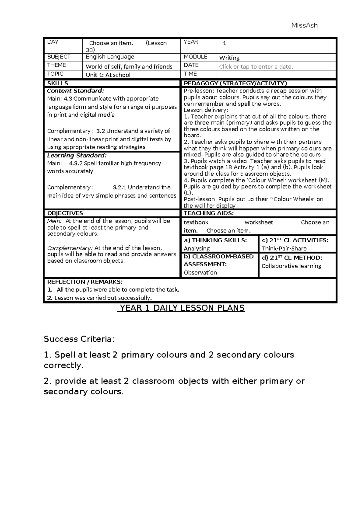 Y1 E L38 - L42 (U1) - English Language Lesson Plans on Colors and ...