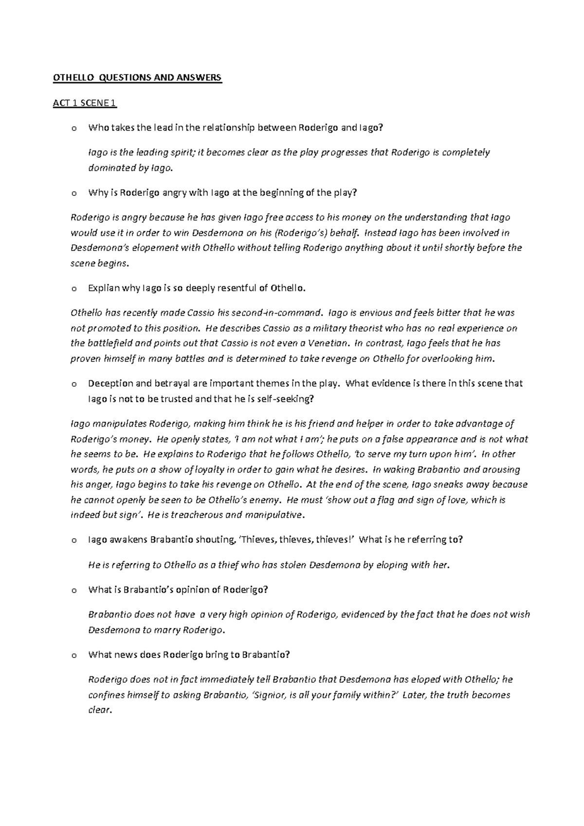 Othello Questions MEMO - OTHELLO QUESTIONS AND ANSWERS ACT 1 SCENE 1 o ...