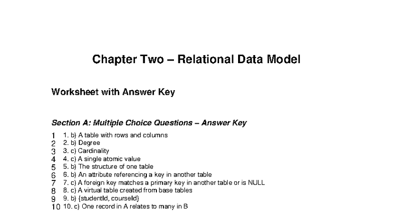 Relational Data Model Worksheet (Chapter 2) with Answer Key - Studocu