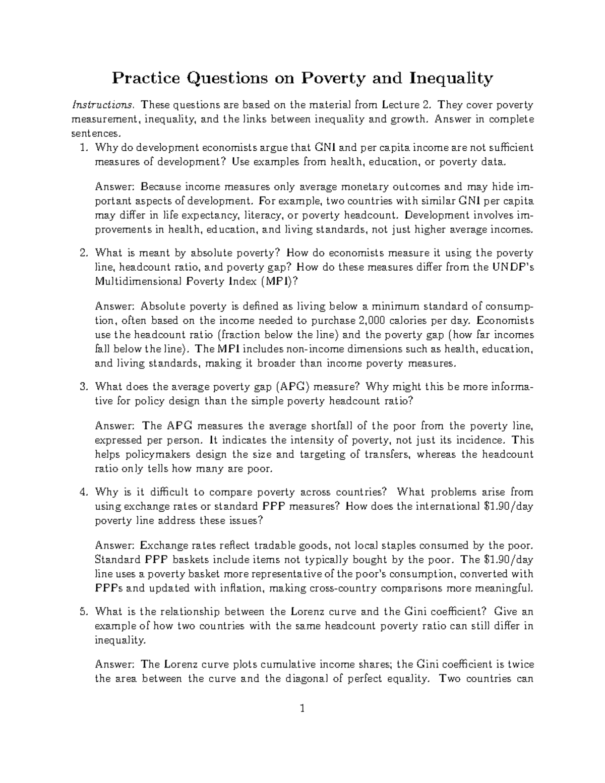 Practice Questions on Poverty and Inequality - Lecture 2 Answers - Studocu