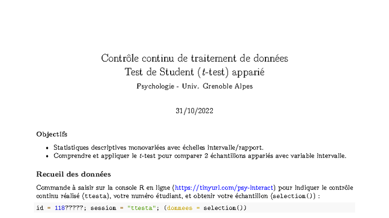 CC ttesta - Contrôle Continu sur le Test de Student en Psychologie ...