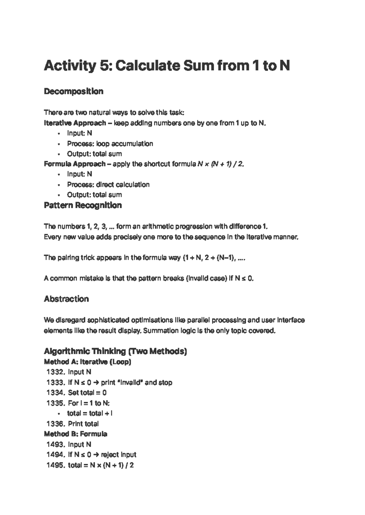 Activity 5: Sum Calculation from 1 to N - Iterative & Formula Methods - Studocu