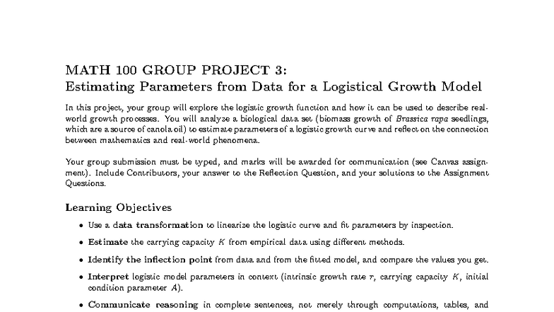 MATH 100 Group Project 3: Logistic Growth Model Analysis - Studocu