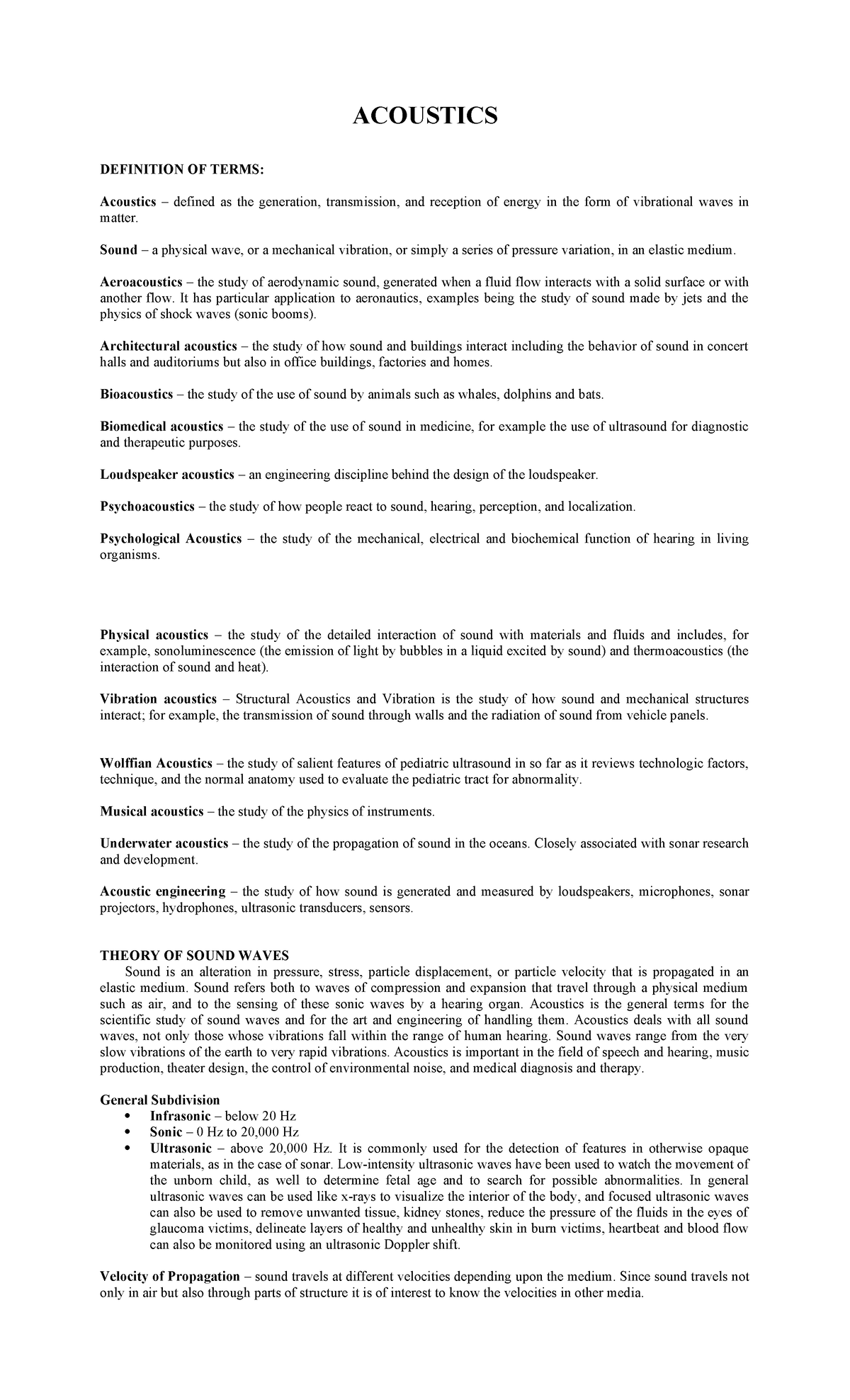 ACOUSTICS 08: Definitions, Principles, and Applications of Sound Waves ...
