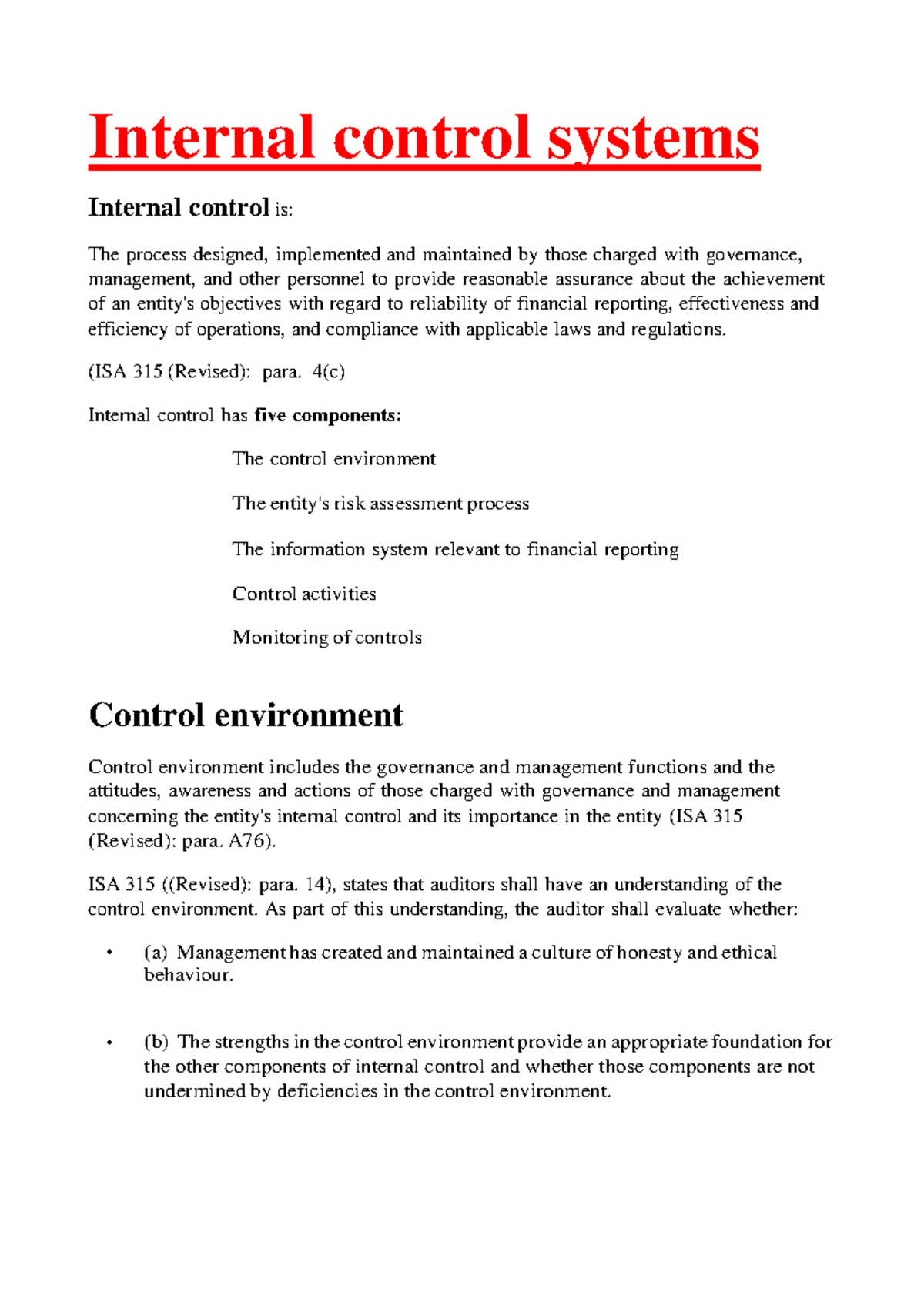 AA Internal Control Systems: Components and Evaluation Methods - Studocu