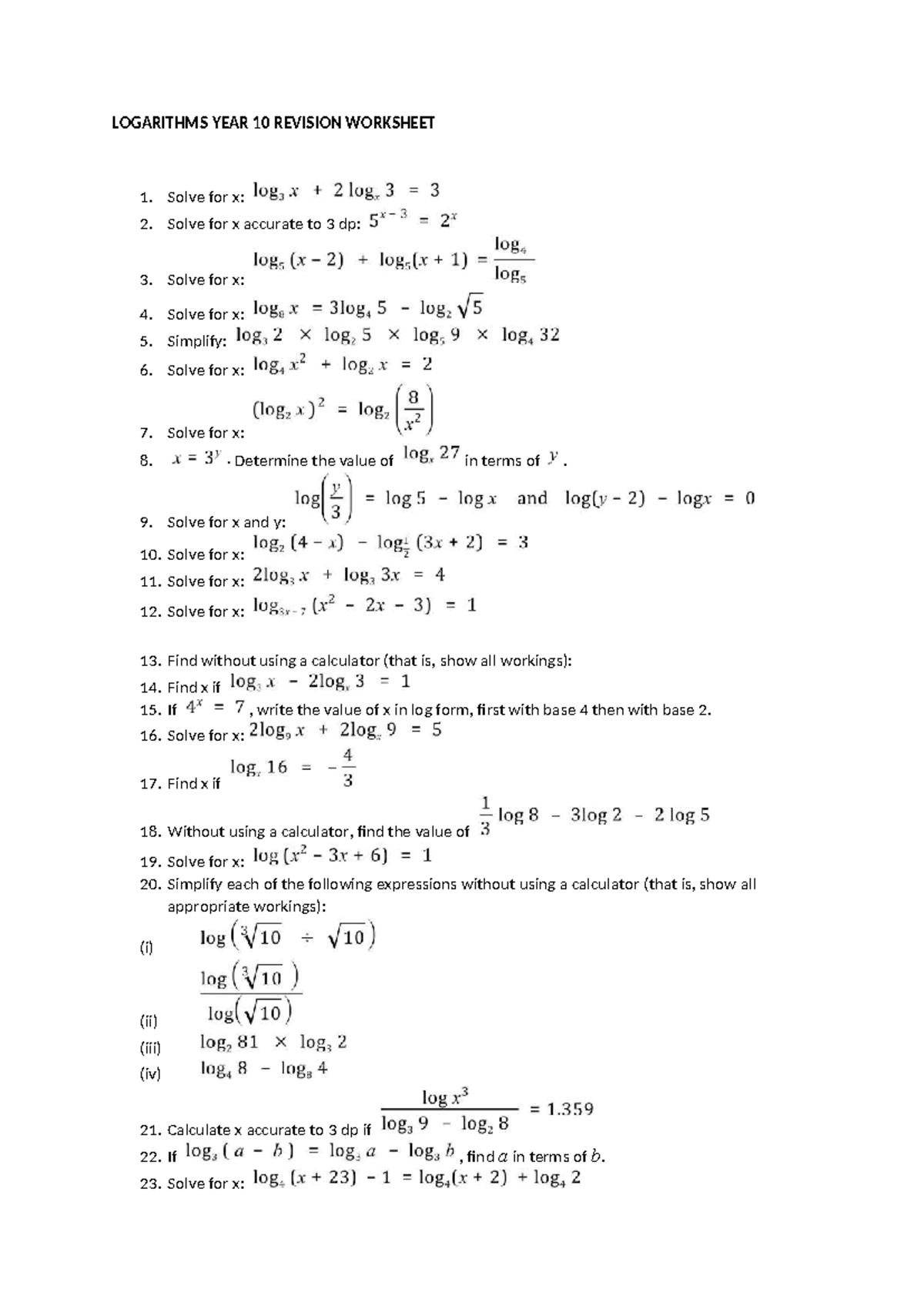 LOGARITHMS YEAR 10 HARDER REVISION WORKSHEET 1 - Studocu