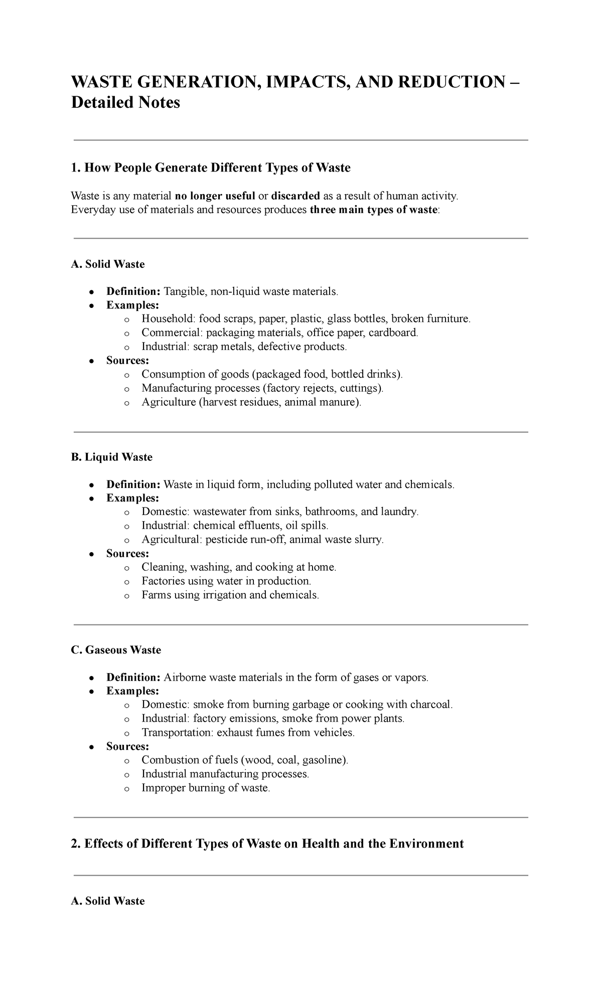 WASTE GENERATION, IMPACTS, AND REDUCTION - Detailed Notes [Course Code ...