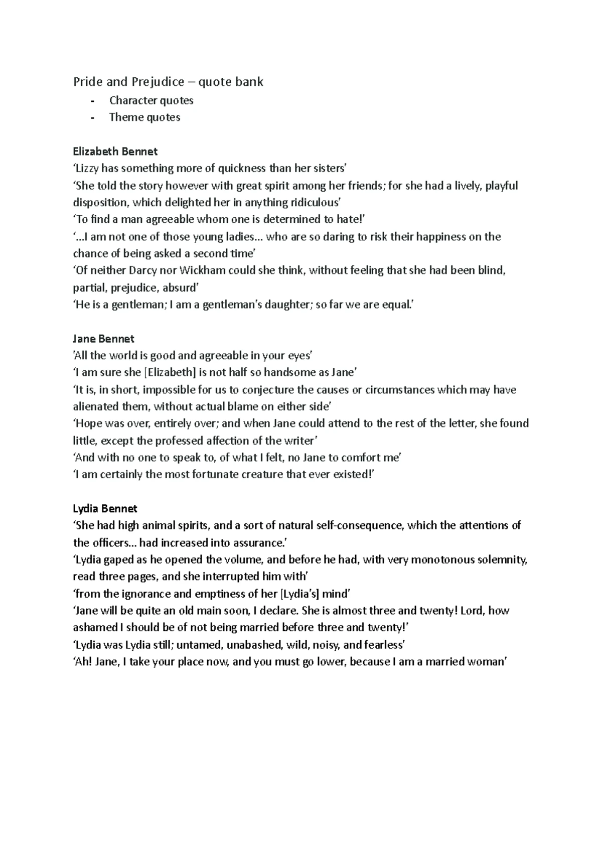 Pride and Prejudice (ENG101) - Comprehensive Quote Bank - Studocu