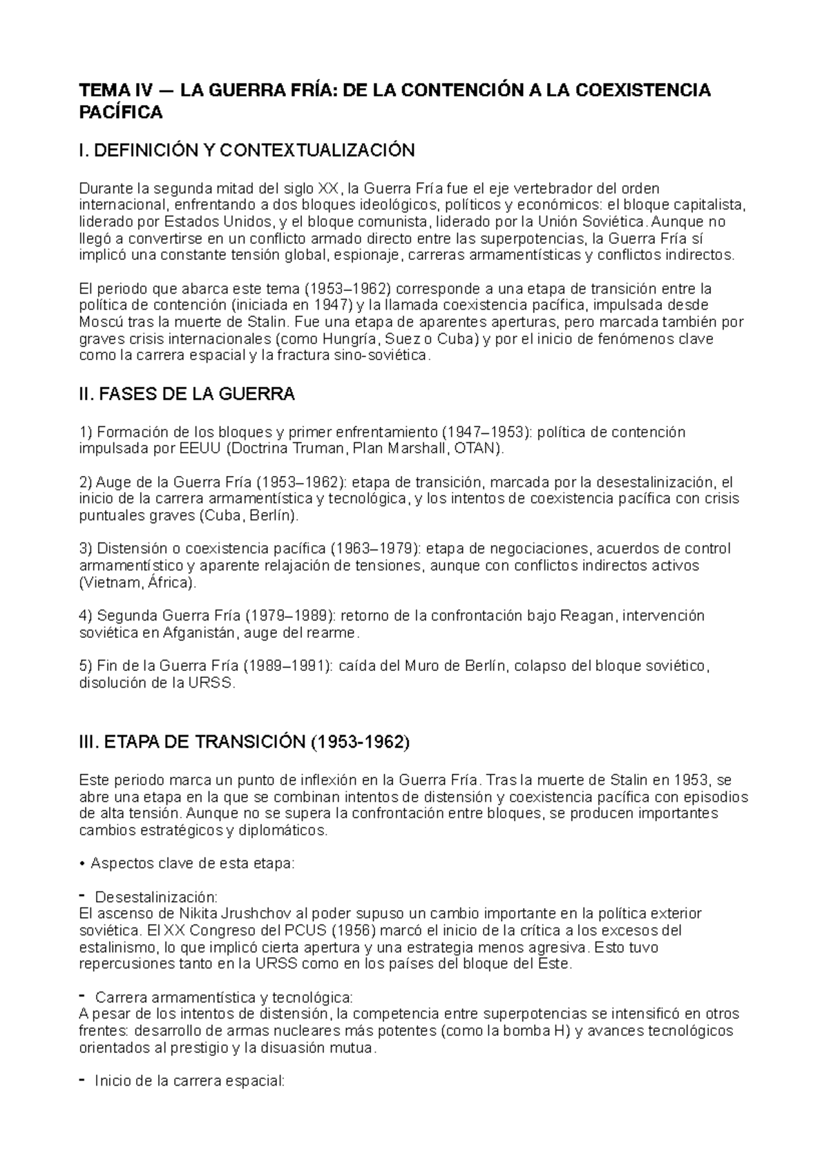 TEMA IV: LA GUERRA FRÍA Y LA COEXISTENCIA PACÍFICA - Studocu