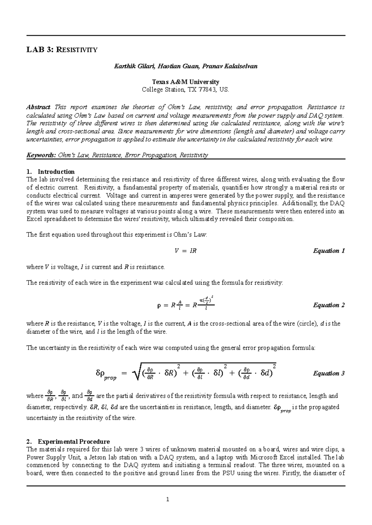 Lab 3 Report: Analyzing Resistivity and Error Propagation in Wires - Studocu