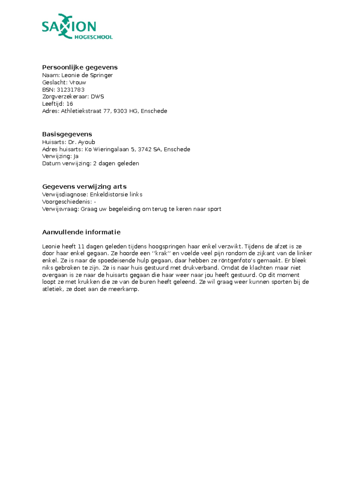 Casusstudie: Enkeldistorsie van Leonie (16 jaar) en Sportherstel ...
