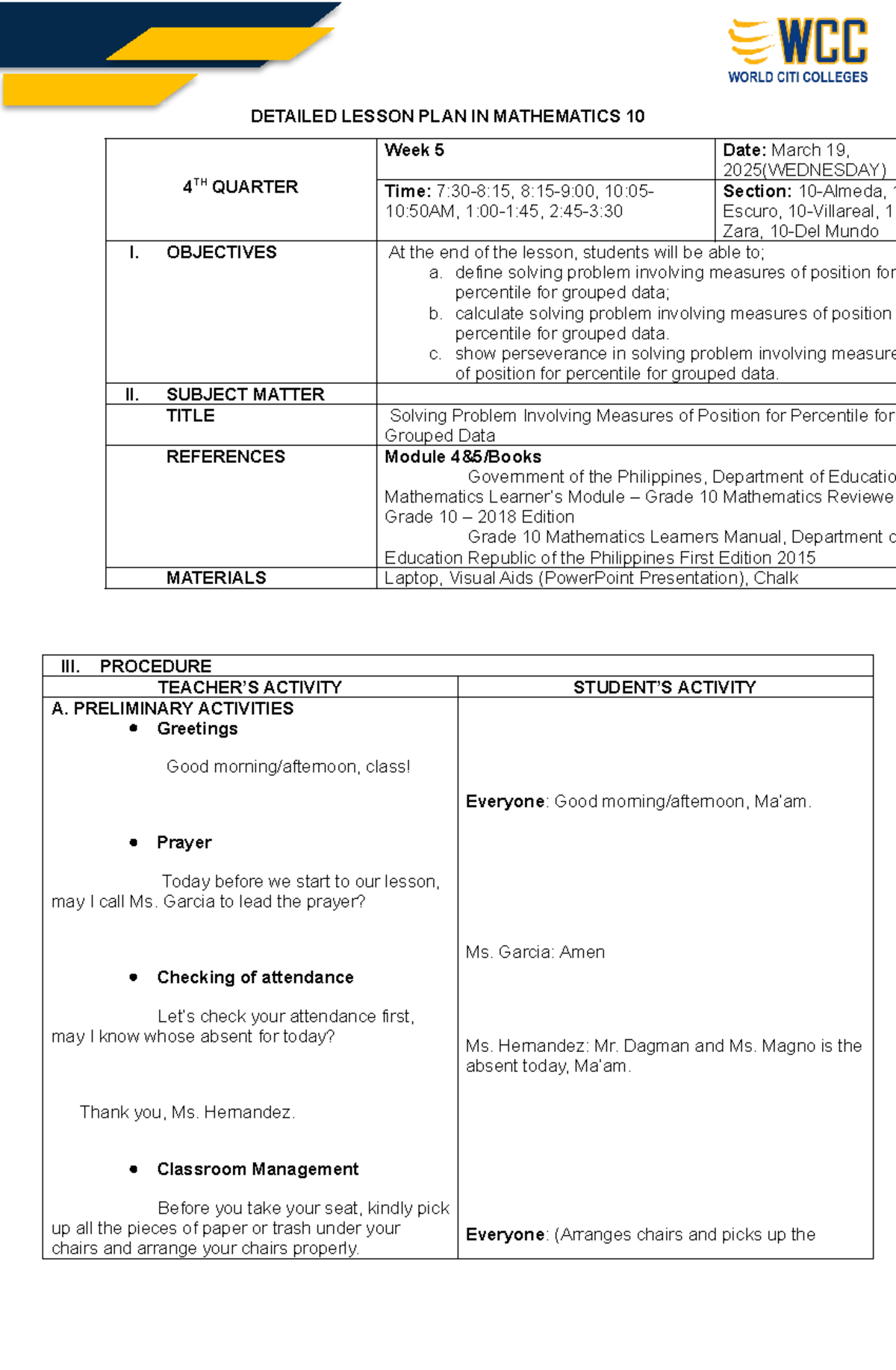 Detailed Lesson Plan for Grade 10 Math: Percentile Problem Solving - Studocu