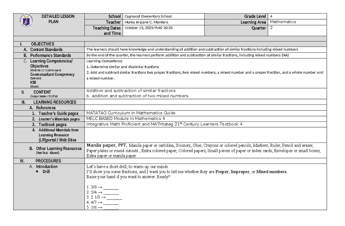 Final Lesson Plan: Adding & Subtracting Similar Fractions (Math 4 ...