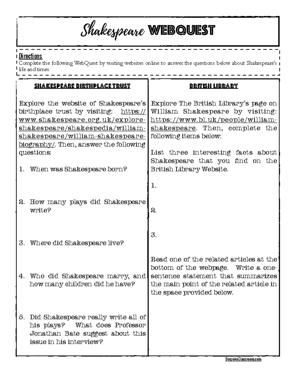 Shakespeare Bio Webquest Directions (Course Code: 2526) - Studocu