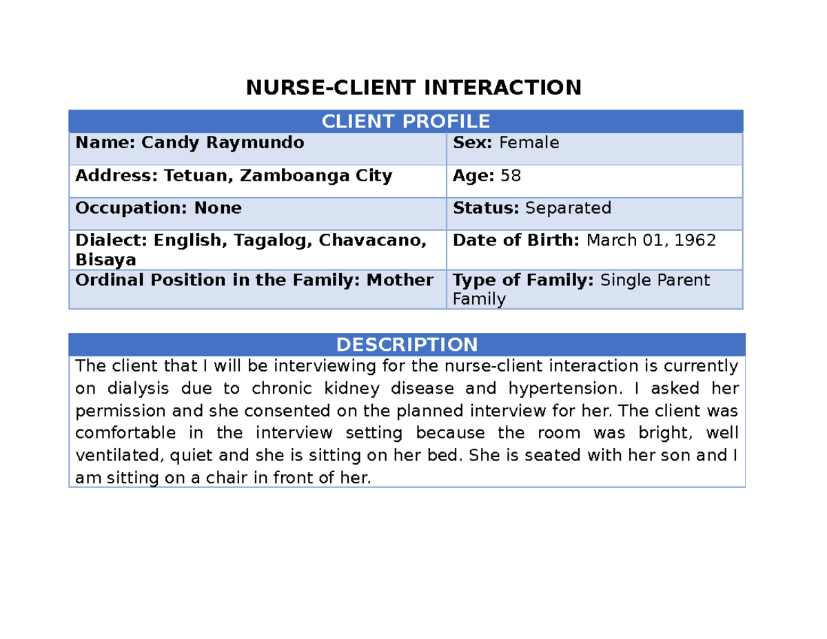 Nurse-Patient Interaction Script - NURSE-CLIENT INTERACTION CLIENT ...