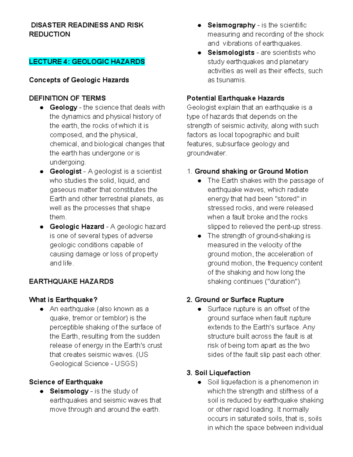 DRR 101: Final Exam Review on Geologic Hazards and Earthquakes - Studocu
