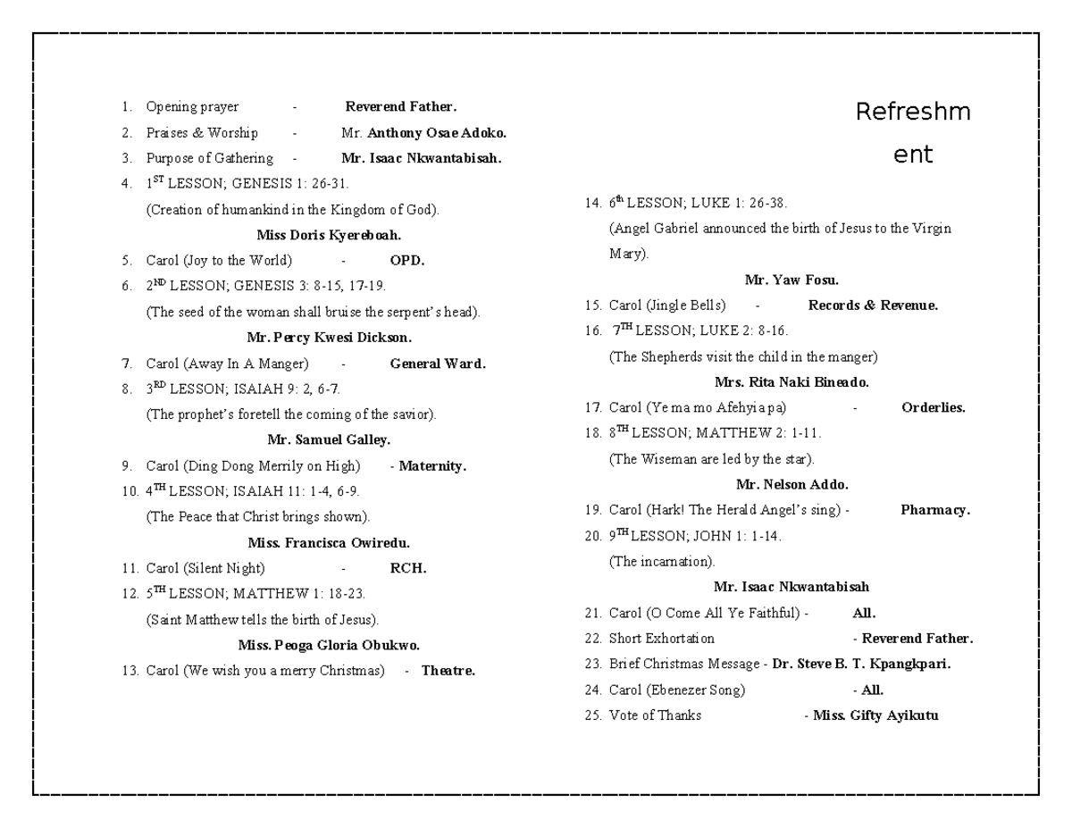 Carols Night Program Outline: A Celebration of Christmas - Studocu