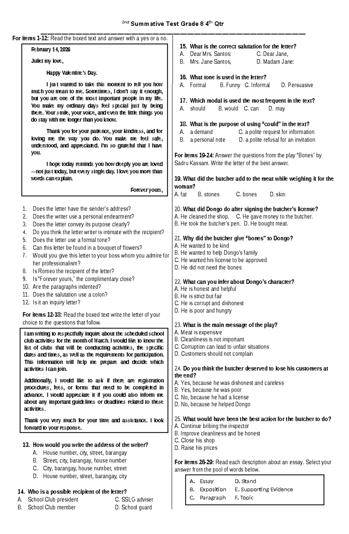 2nd Summative Test Grade 8 4th Quarter Exam - Studocu