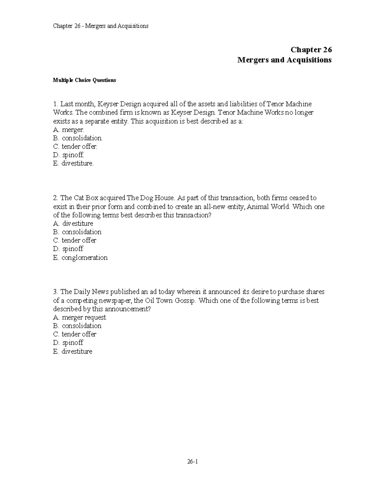 Chapter 26 Mergers and Acquisitions MCQs - Finance Corporate Insights ...