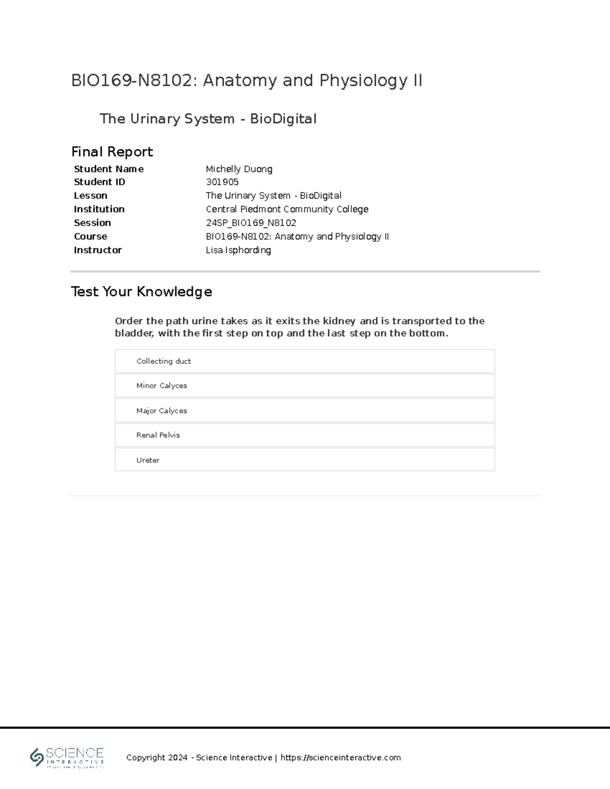 BIO169-N8102 Final Report: The Urinary System Lesson Overview - Studocu