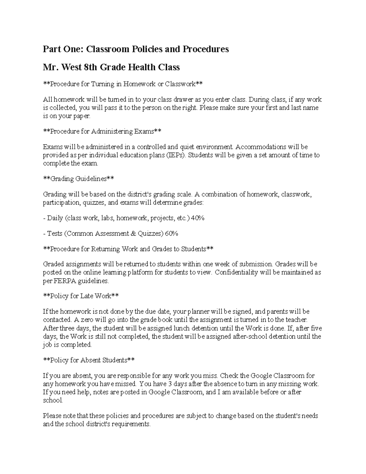 Policies and Procedures - West 8th Grade Health Class Procedure for ...