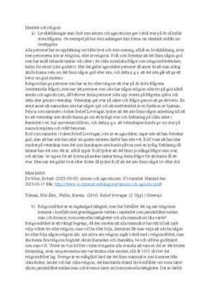 Religionskunskap 1 Uppdrag 1 - Identitet och religion a) Livsåskådningar utan Gud, som ateism ...