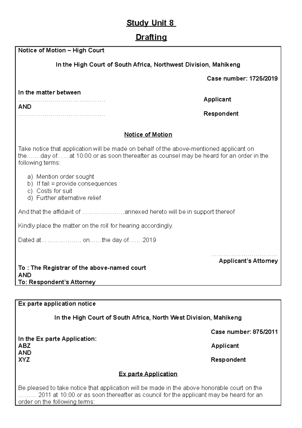Study Unit 8: Practical Guide to Drafting Civil Procedure Documents ...