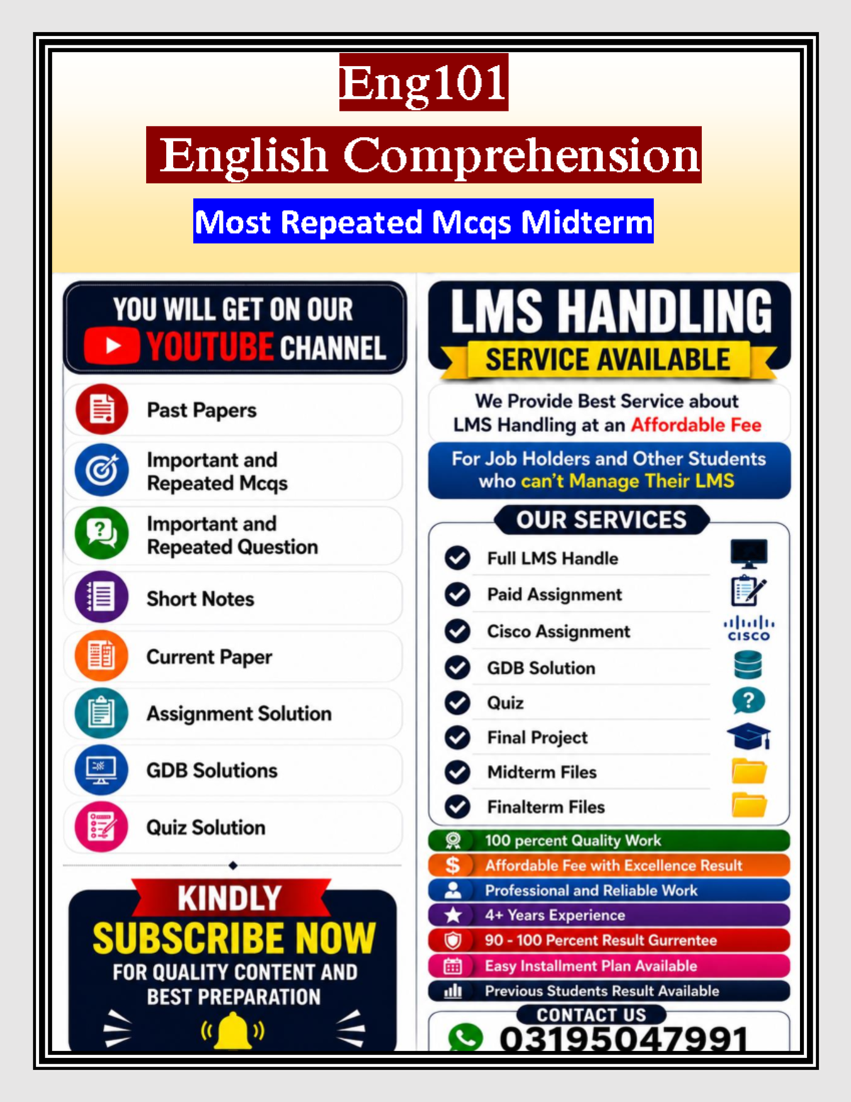 Eng101 Midterm Important Repeated MCQs for English Comprehension - Studocu