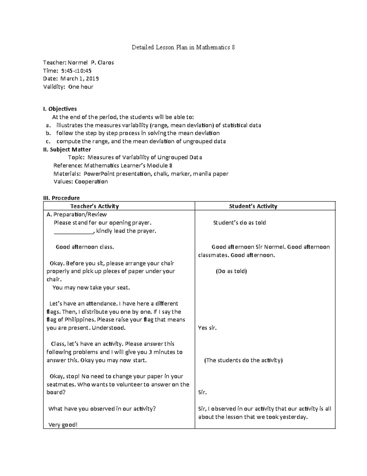 Mathematics 8 Detailed Lesson Plan: Measures of Variability - Studocu