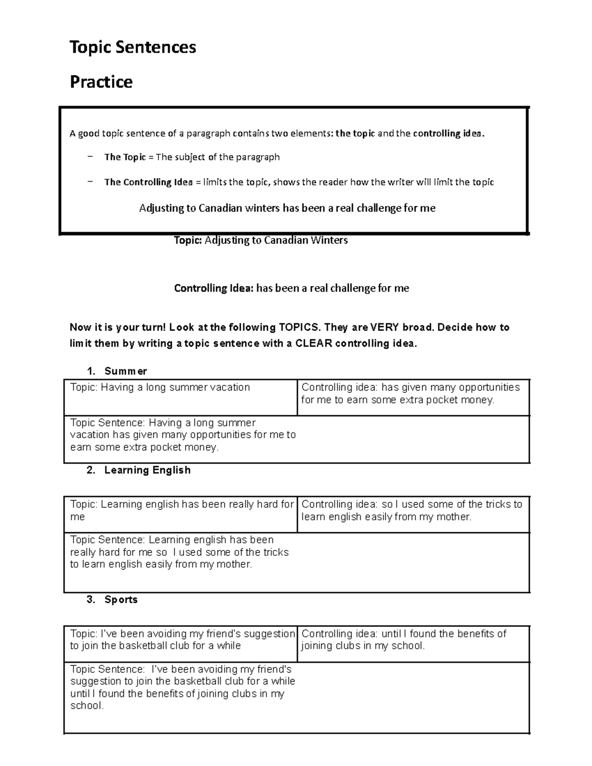 Topic Sentences Practice: A Guide to Crafting Effective Sentences - Studocu